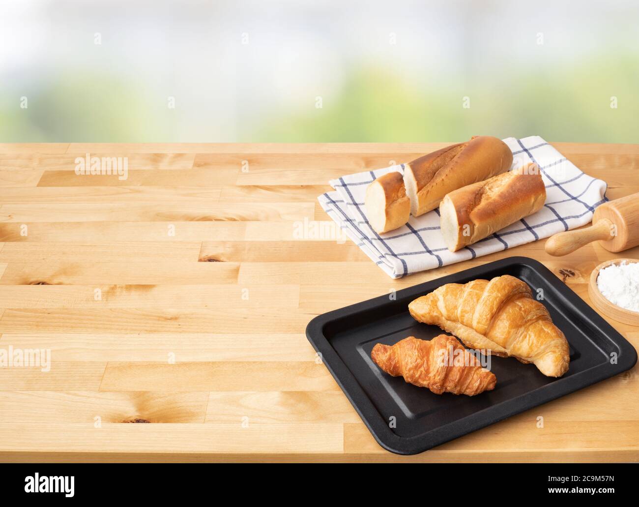 Set of breakfast food or bakery,cake on table kitchen with window ...