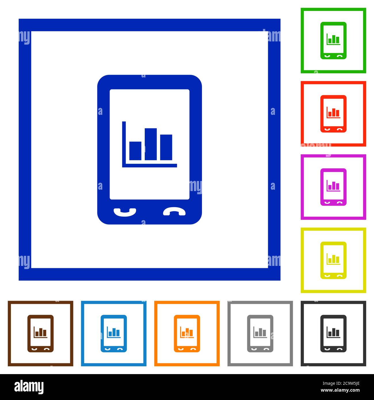 Mobile statistics flat color icons in square frames on white background ...