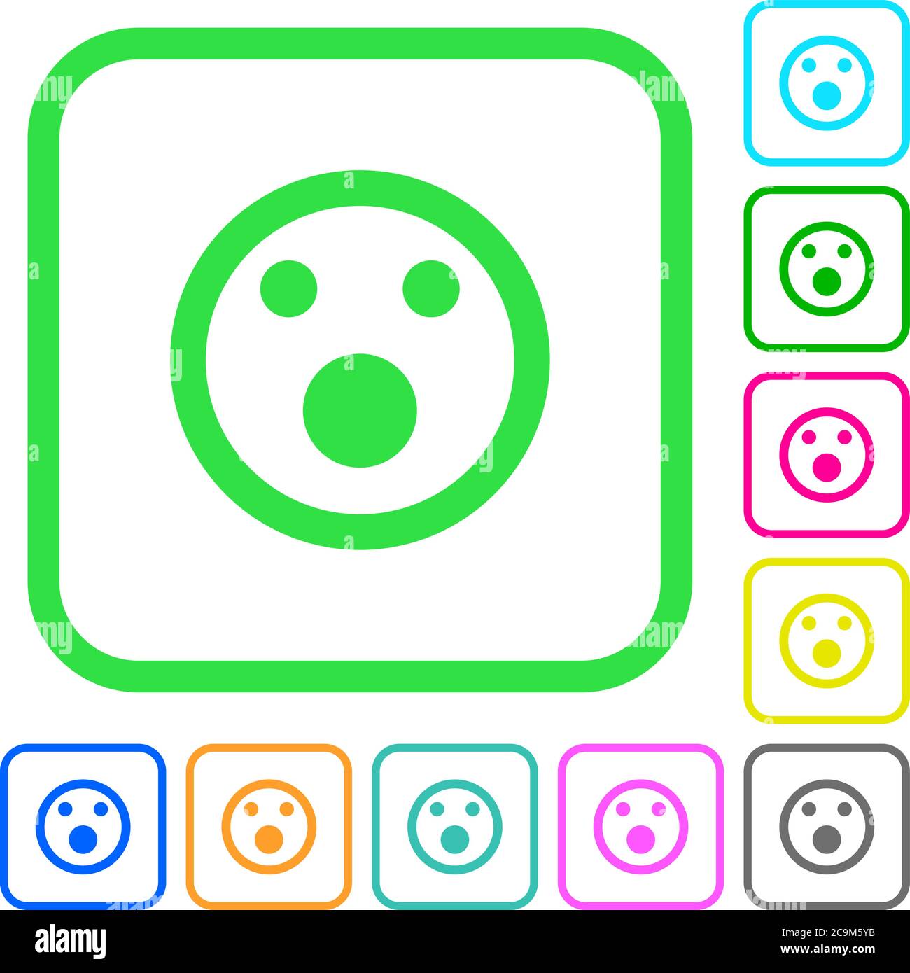 Shocked emoticon vivid colored flat icons in curved borders on white ...