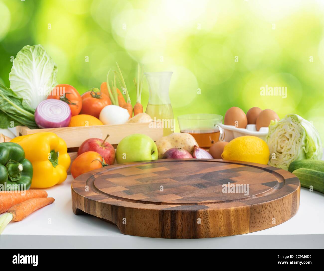 Set of variety vegetable with copy space of chopping board on kitchen ...