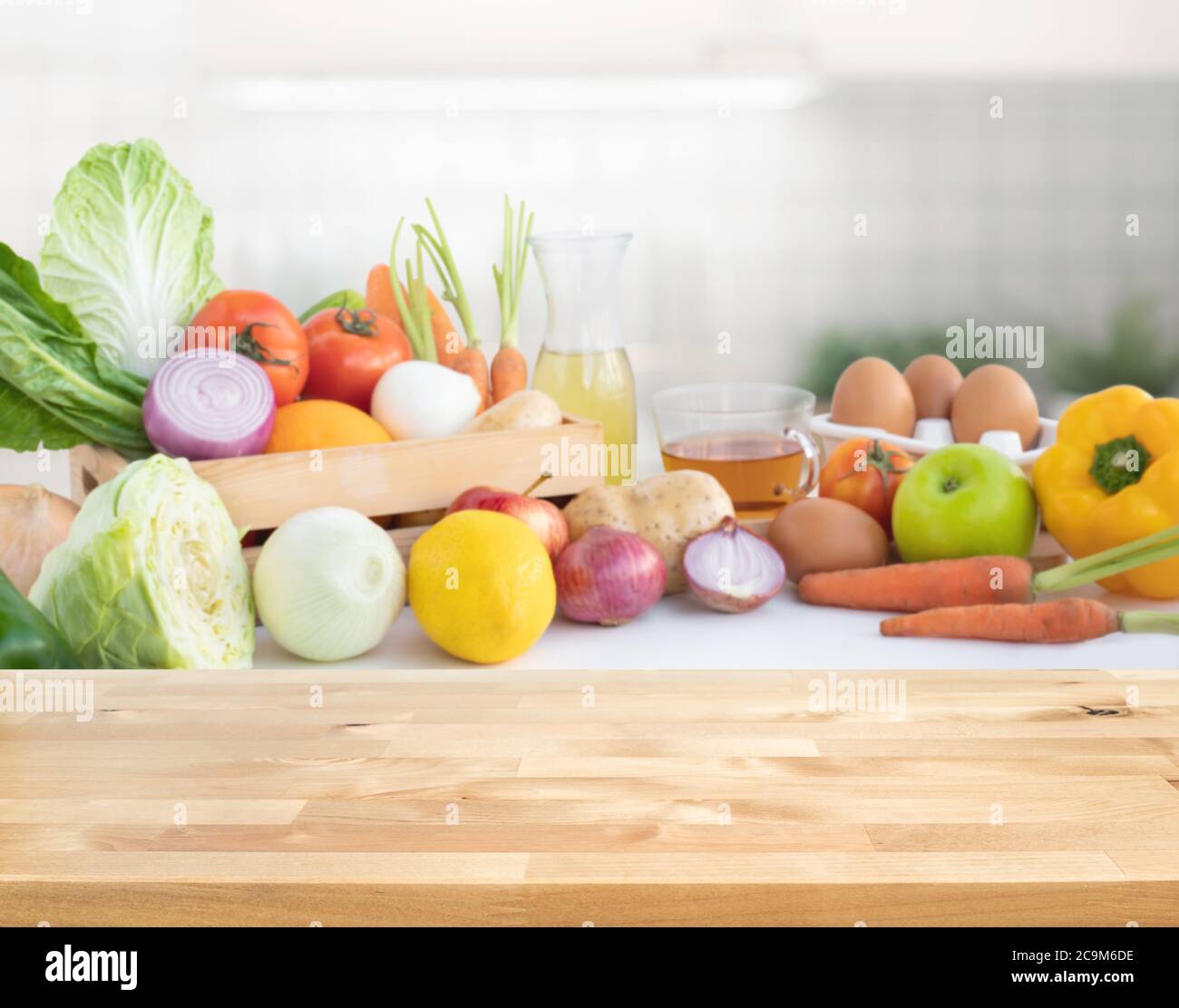 Set of variety vegetable with copy space of chopping board on kitchen ...