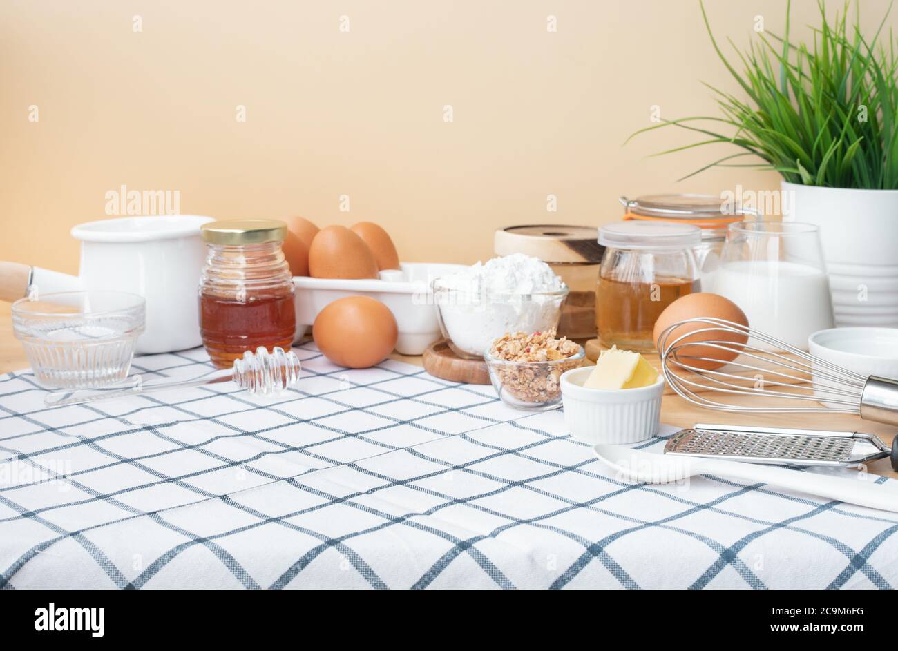 Selective focus.Cooking breakfast food or bakery with ingredient and ...