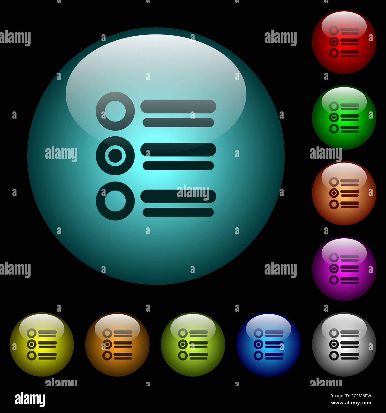 Radio group icons in color illuminated spherical glass buttons on black ...