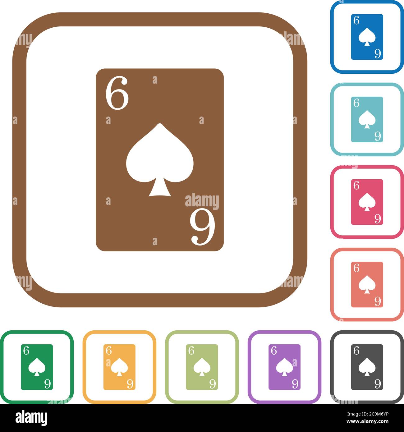 Six of spades card simple icons in color rounded square frames on white ...