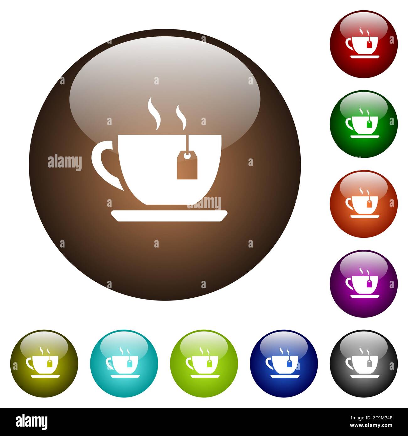 Cup of tea with teabag white icons on round color glass buttons Stock ...