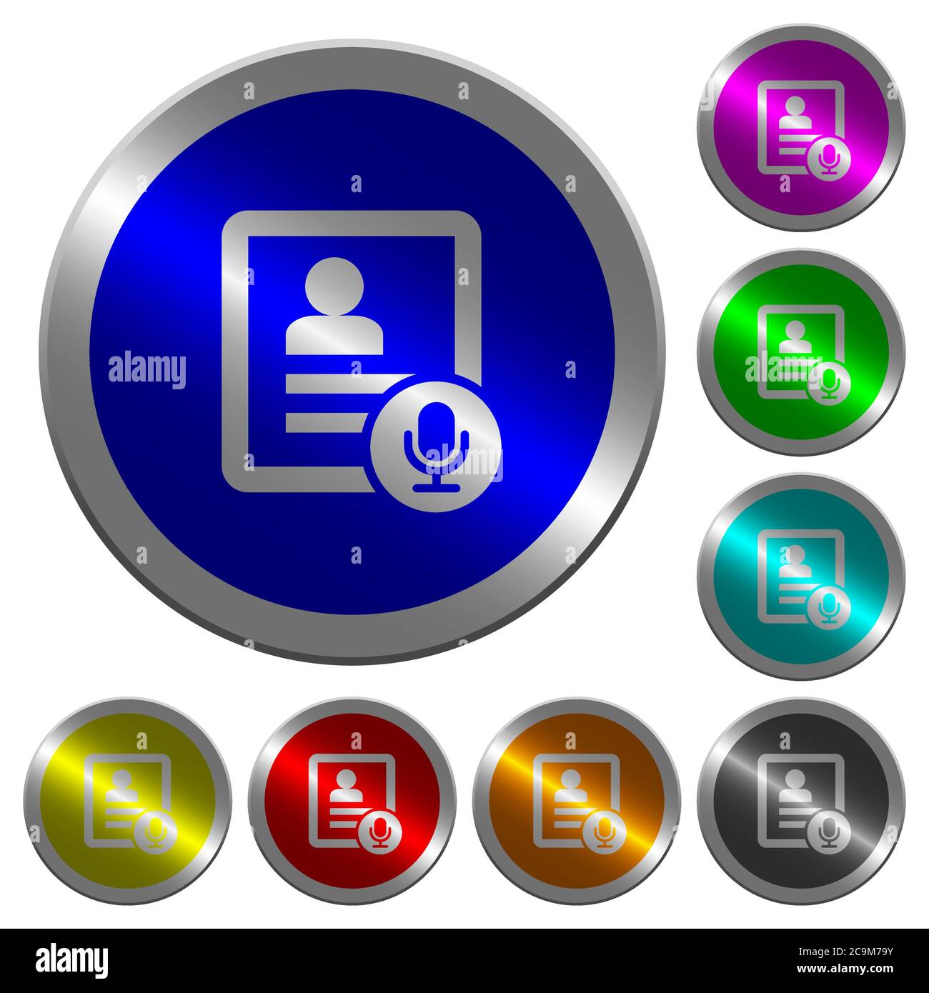 Contact voice calling icons on round luminous coin-like color steel ...