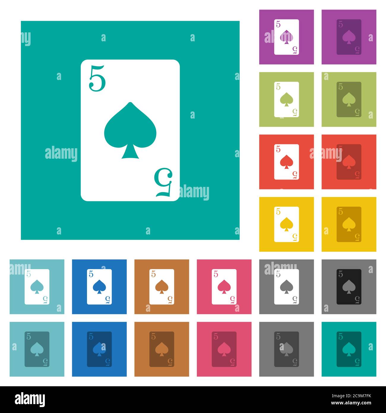 Five of spades card multi colored flat icons on plain square ...