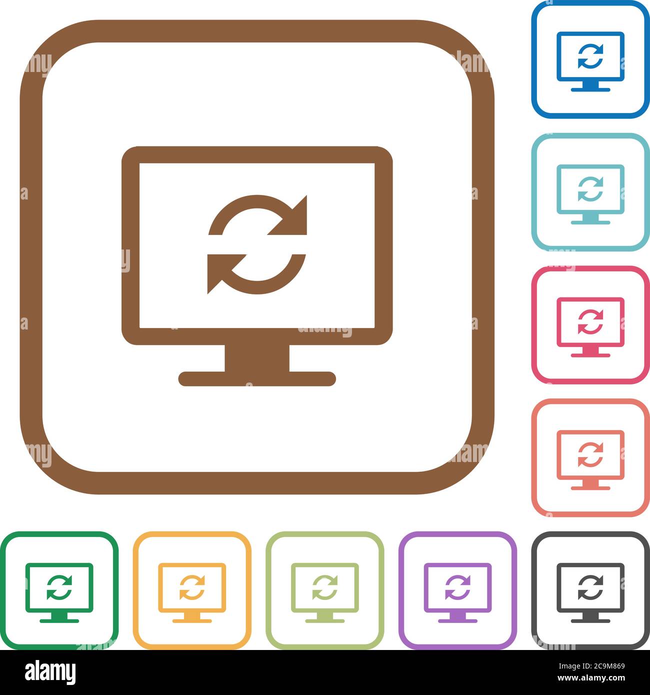 Refresh screen simple icons in color rounded square frames on white ...