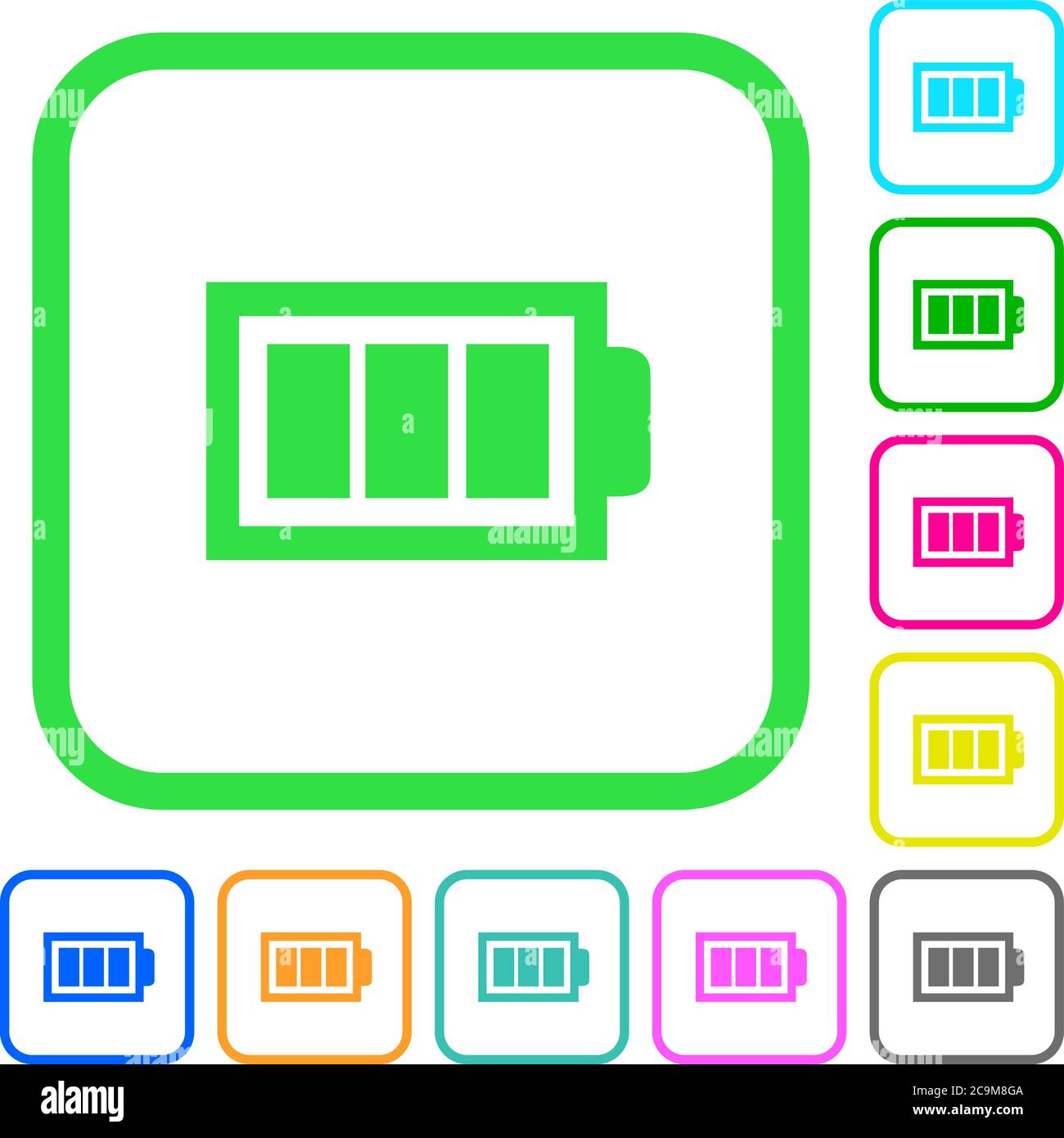 Full battery with three load units vivid colored flat icons in curved ...