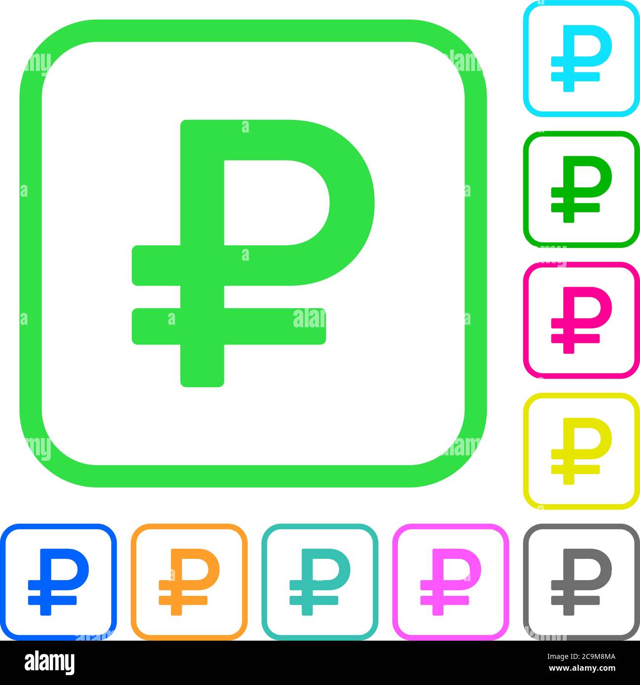 Ruble sign vivid colored flat icons in curved borders on white ...