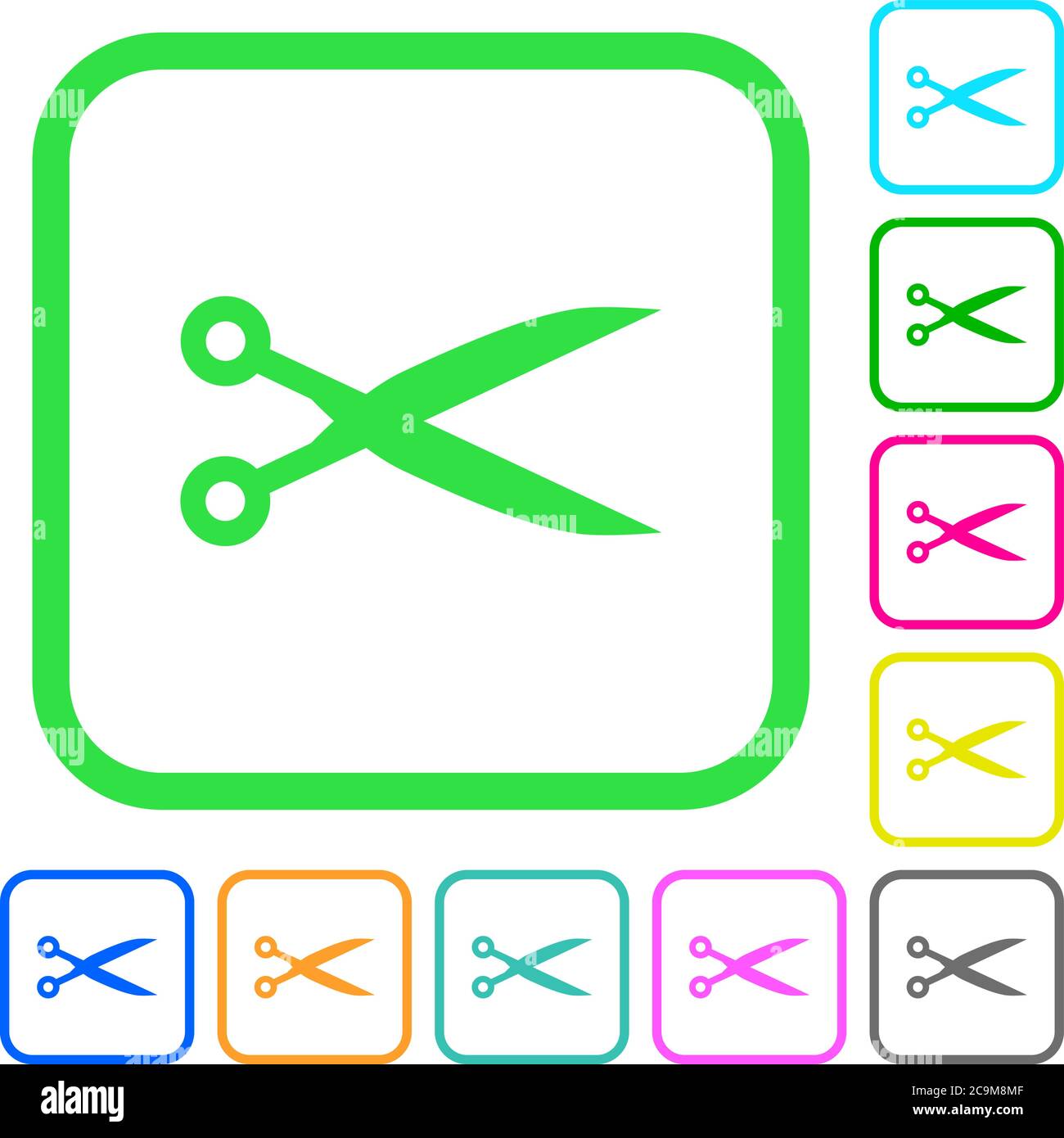 Cut with scissors vivid colored flat icons in curved borders on white ...