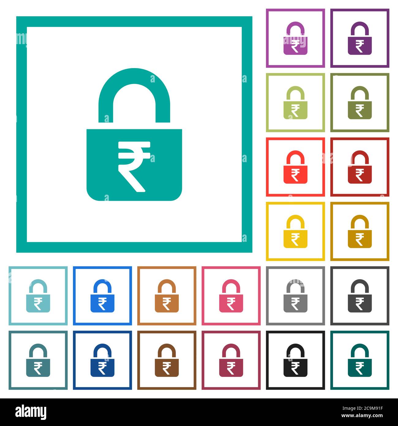 Locked rupees flat color icons with quadrant frames on white background ...