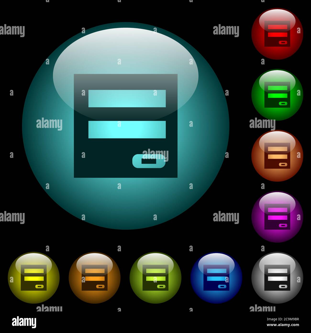 Login panel icons in color illuminated spherical glass buttons on black ...