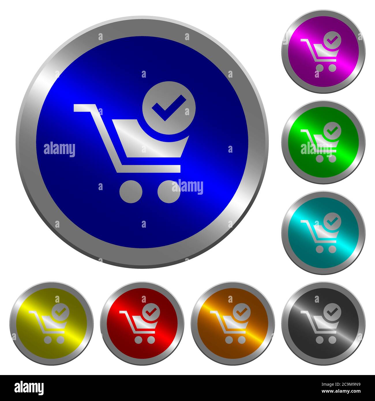 Checkout icons on round luminous coin-like color steel buttons Stock ...