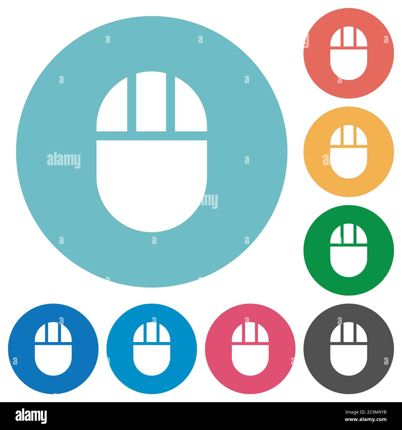 Three buttoned computer mouse flat white icons on round color ...