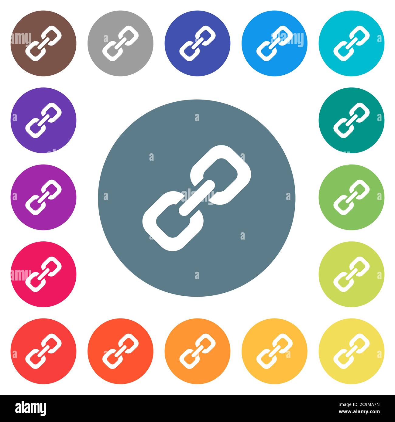 Link flat white icons on round color backgrounds. 17 background color ...