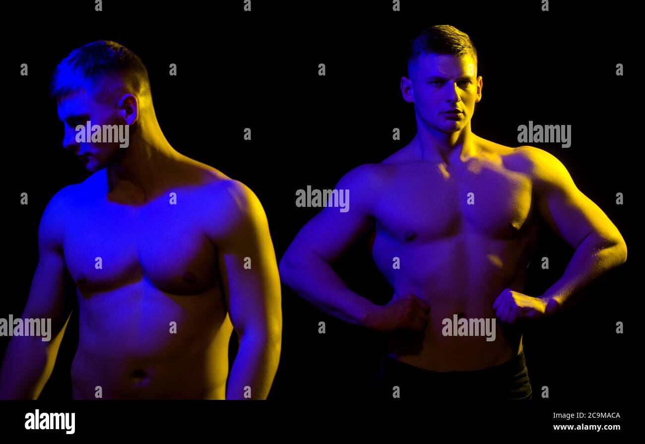 Strong men twins with abdominal strength, fit males with muscular six ...