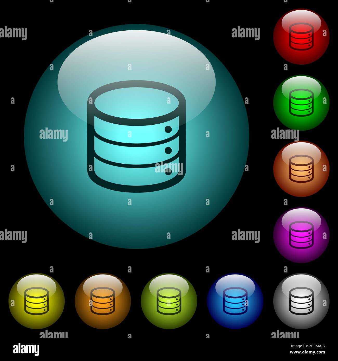 Single database icons in color illuminated spherical glass buttons on ...
