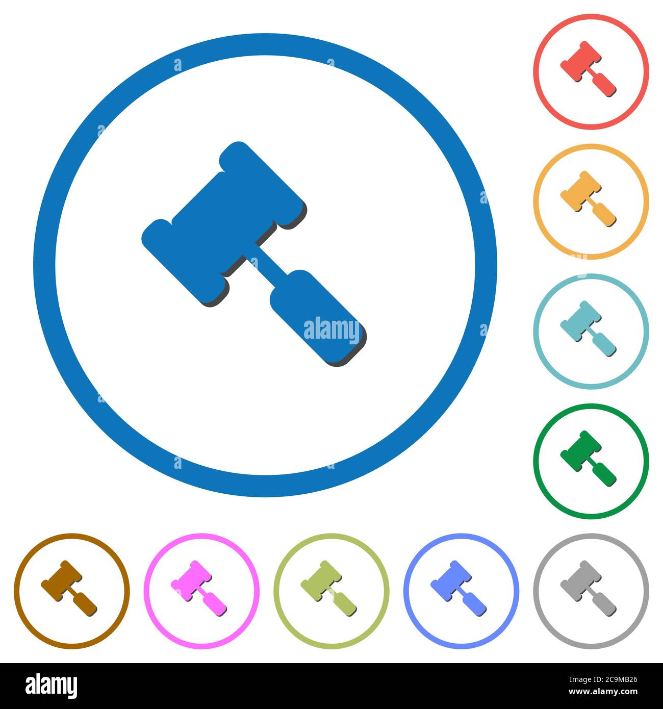 Judge hammer flat color vector icons with shadows in round outlines on ...