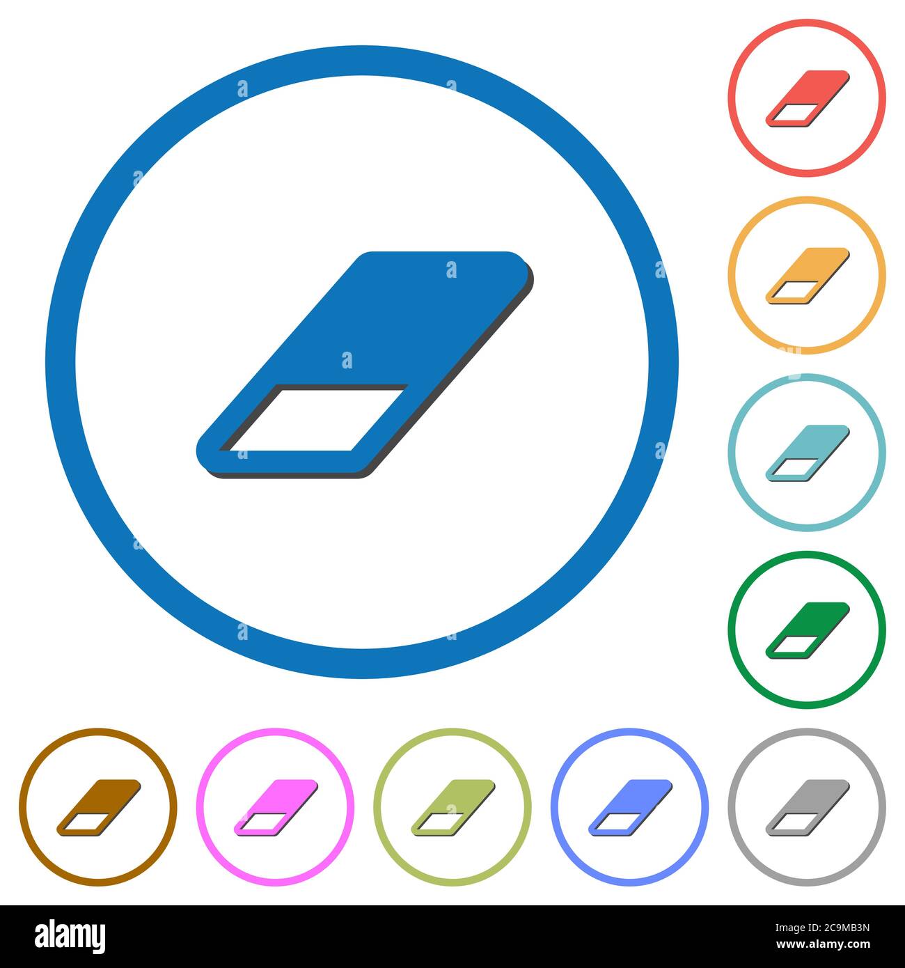 Eraser flat color vector icons with shadows in round outlines on white ...