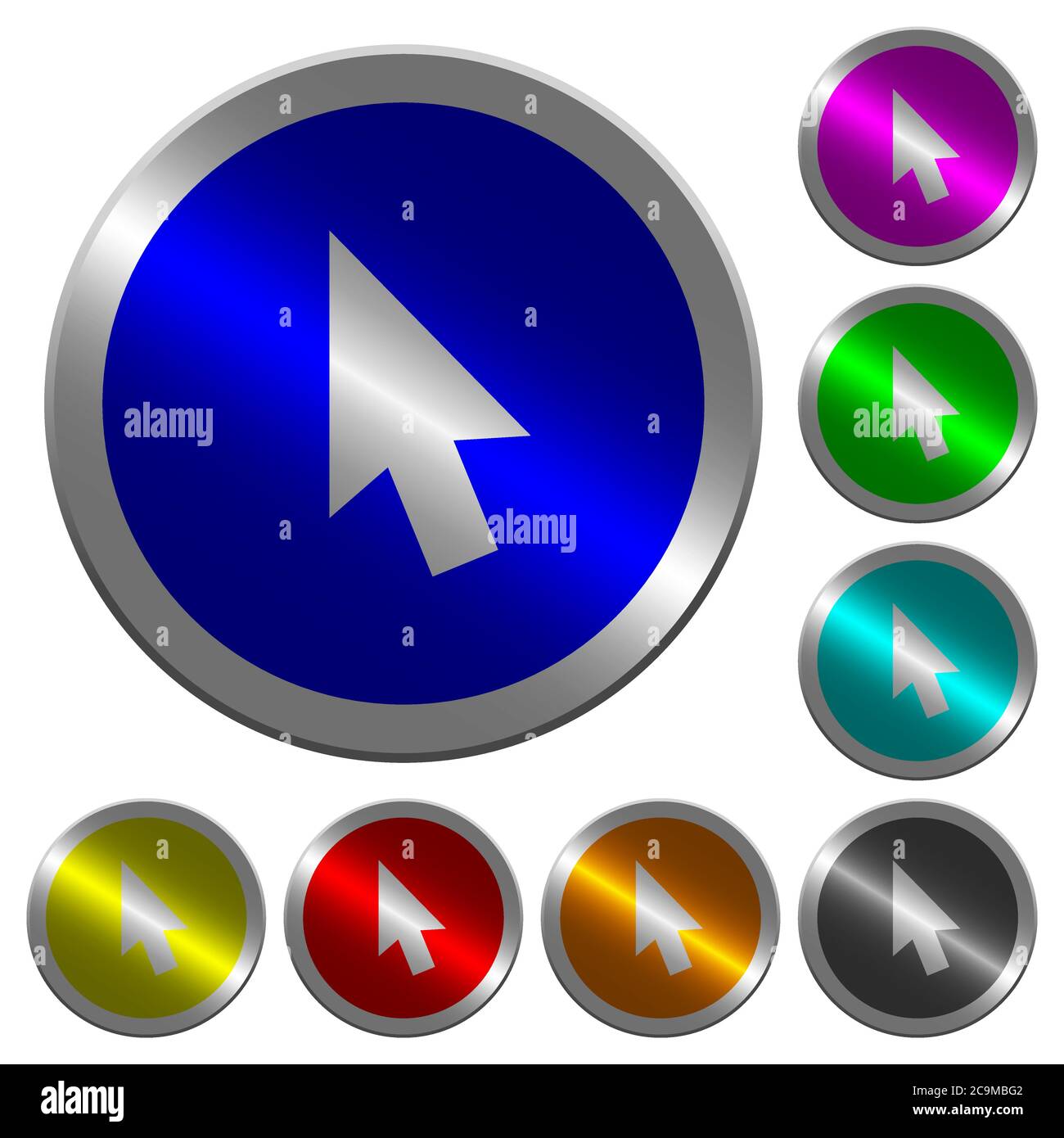 Mouse cursor icons on round luminous coin-like color steel buttons ...