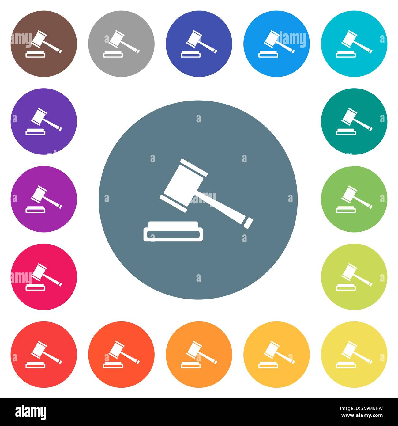 Auction hammer flat white icons on round color backgrounds. 17 ...