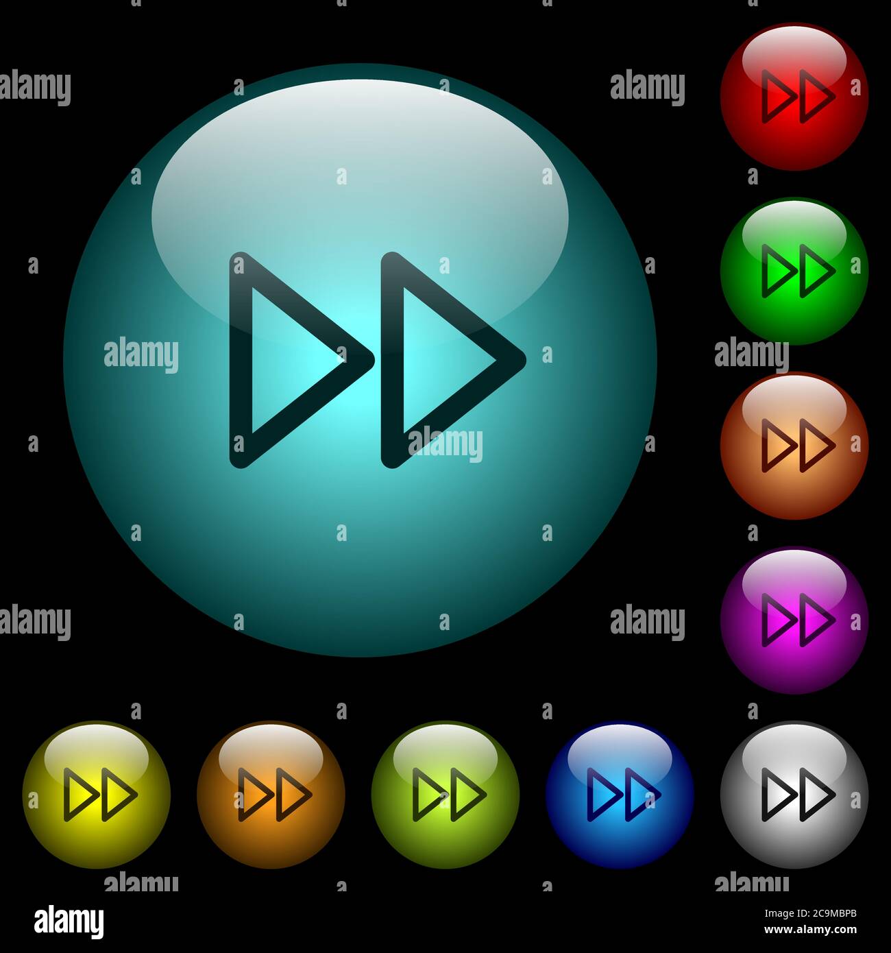 Media fast forward icons in color illuminated spherical glass buttons ...