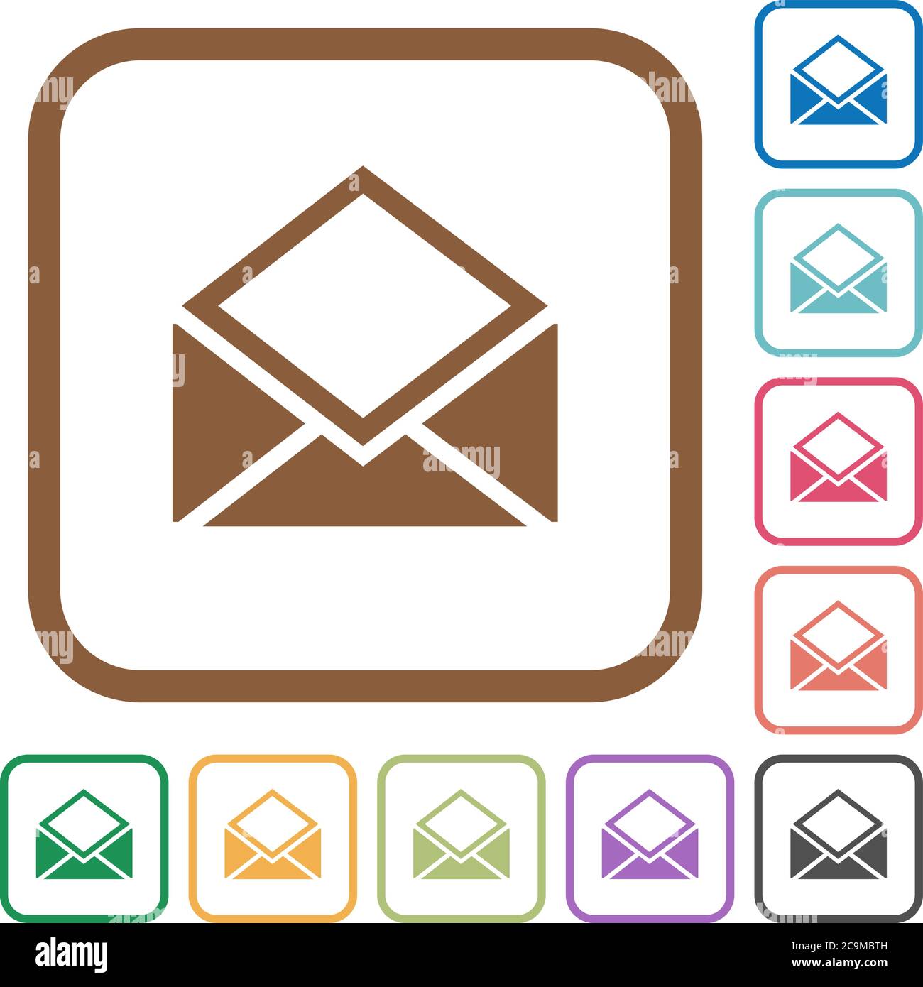 Open mail simple icons in color rounded square frames on white ...
