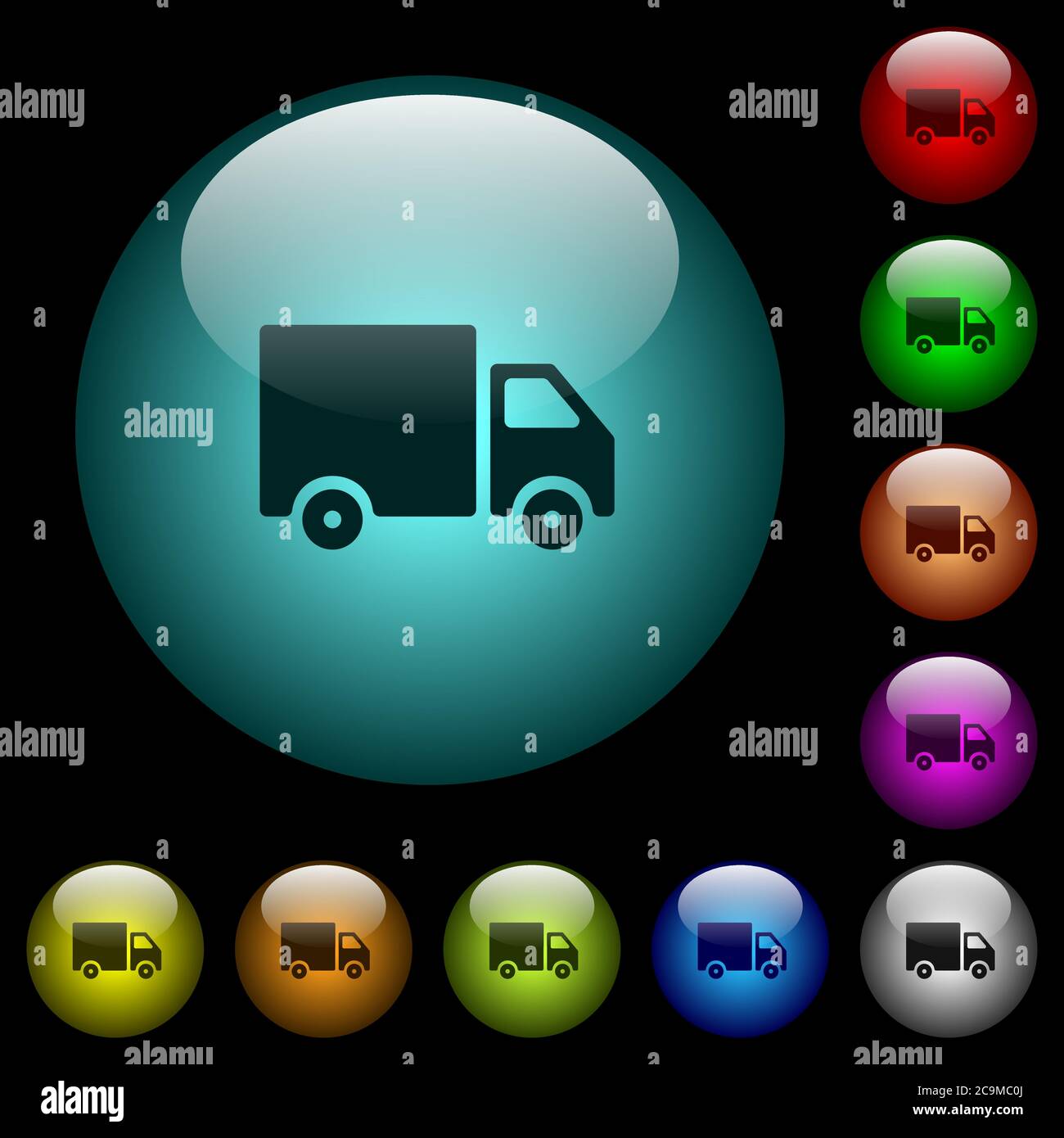 Delivery truck icons in color illuminated spherical glass buttons on ...