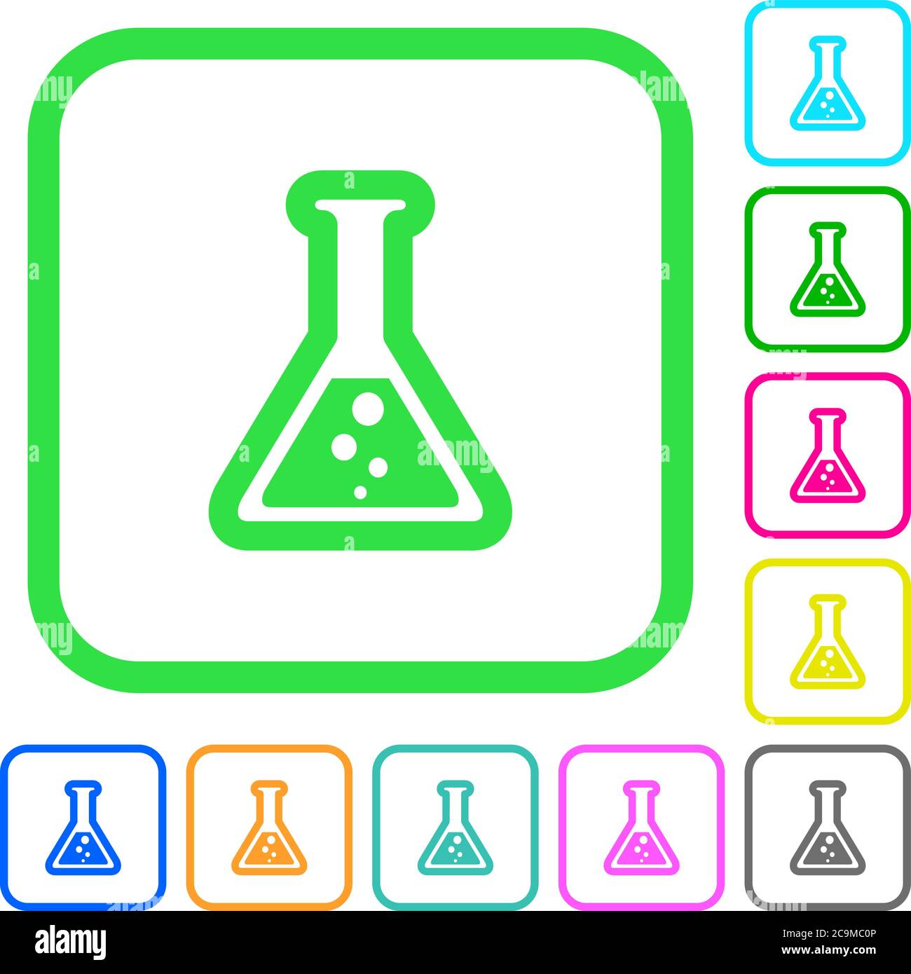 Flask with liquid vivid colored flat icons in curved borders on white ...