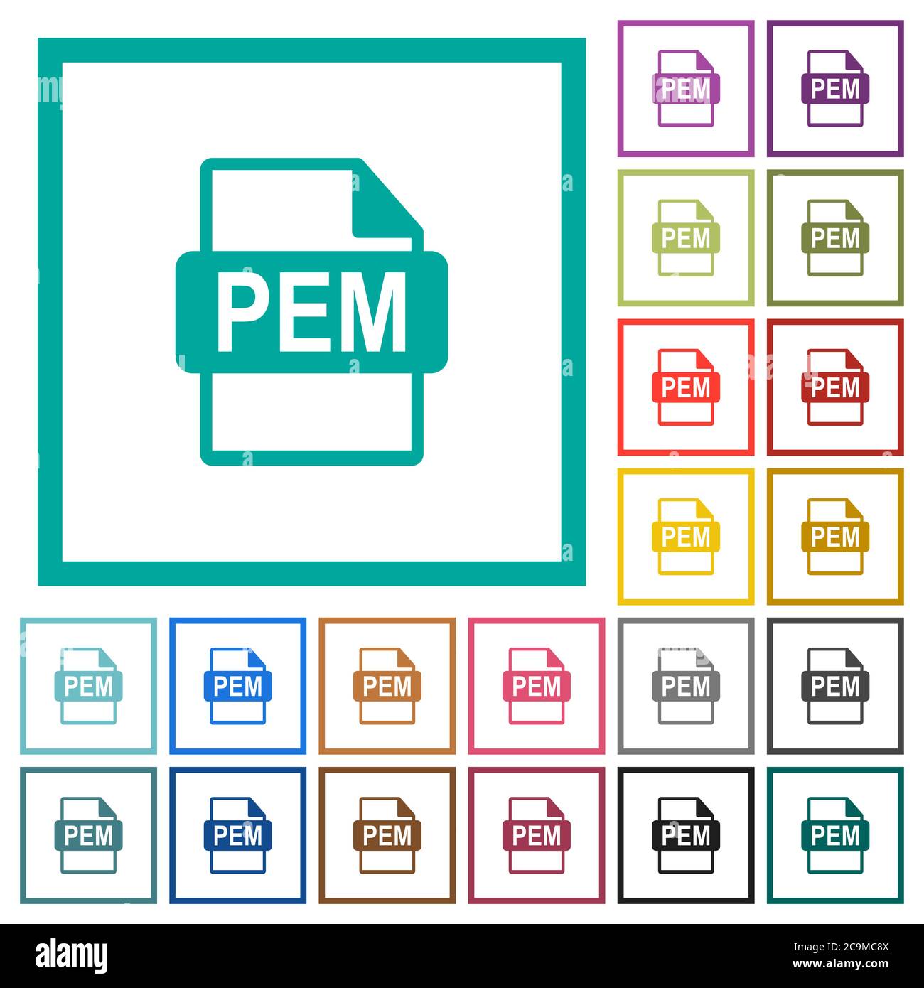 PEM file format flat color icons with quadrant frames on white ...