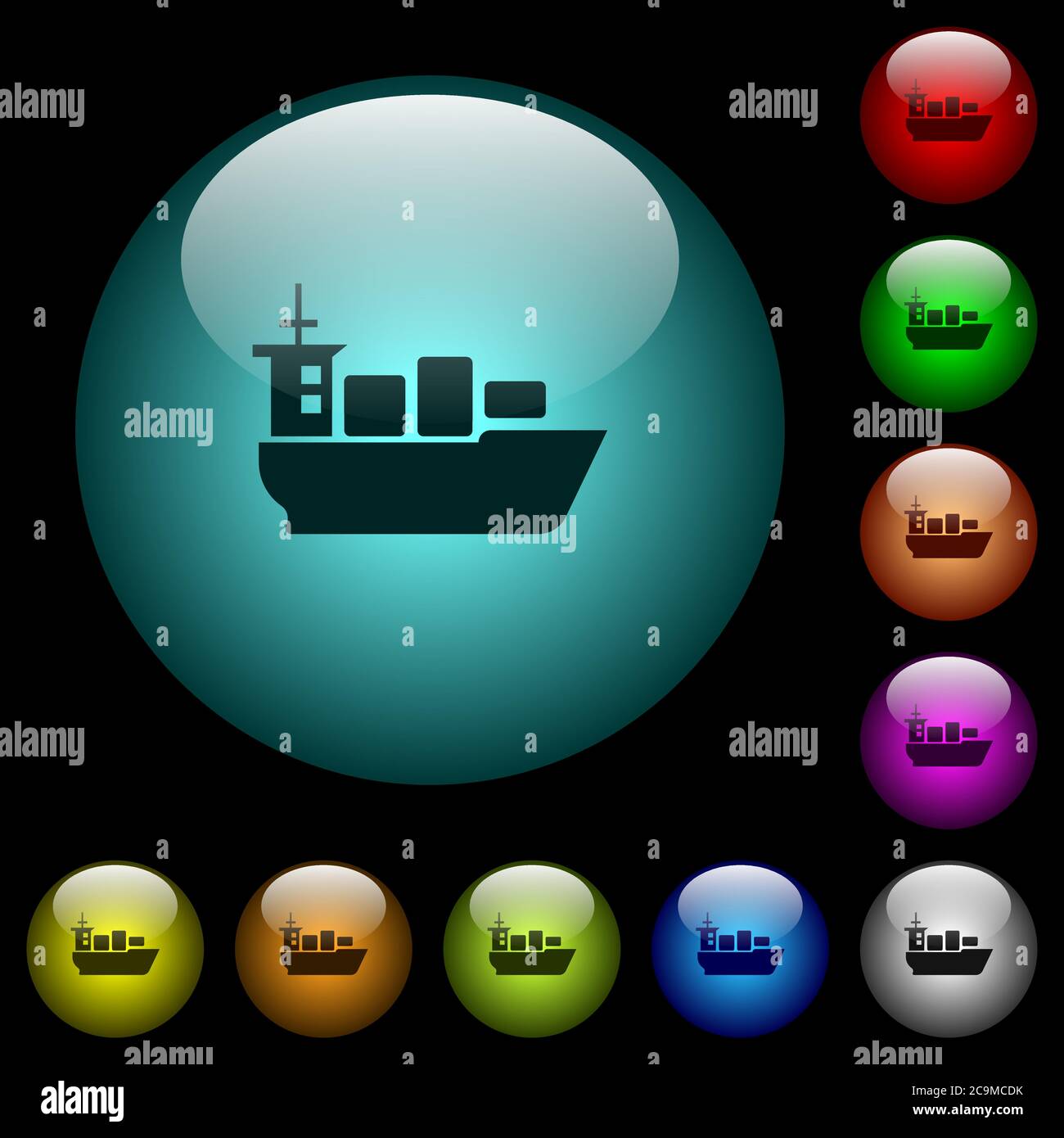 Sea transport icons in color illuminated spherical glass buttons on ...