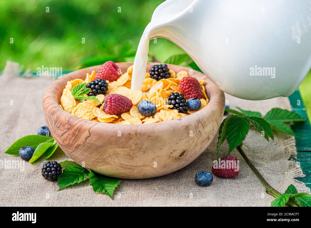 Pouring milk into corn flakes with berry fruits Stock Photo - Alamy