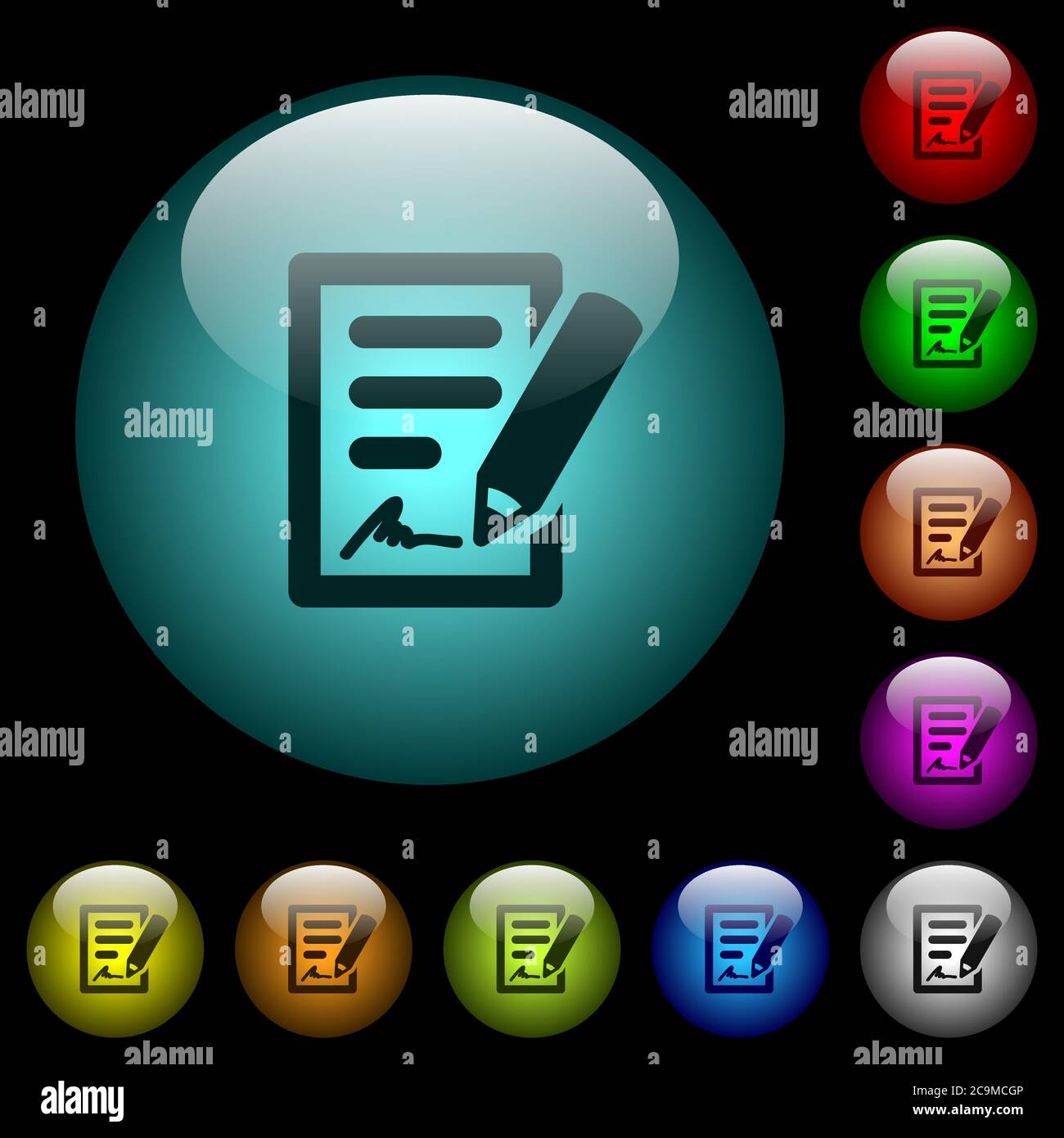 Signing contract icons in color illuminated spherical glass buttons on ...