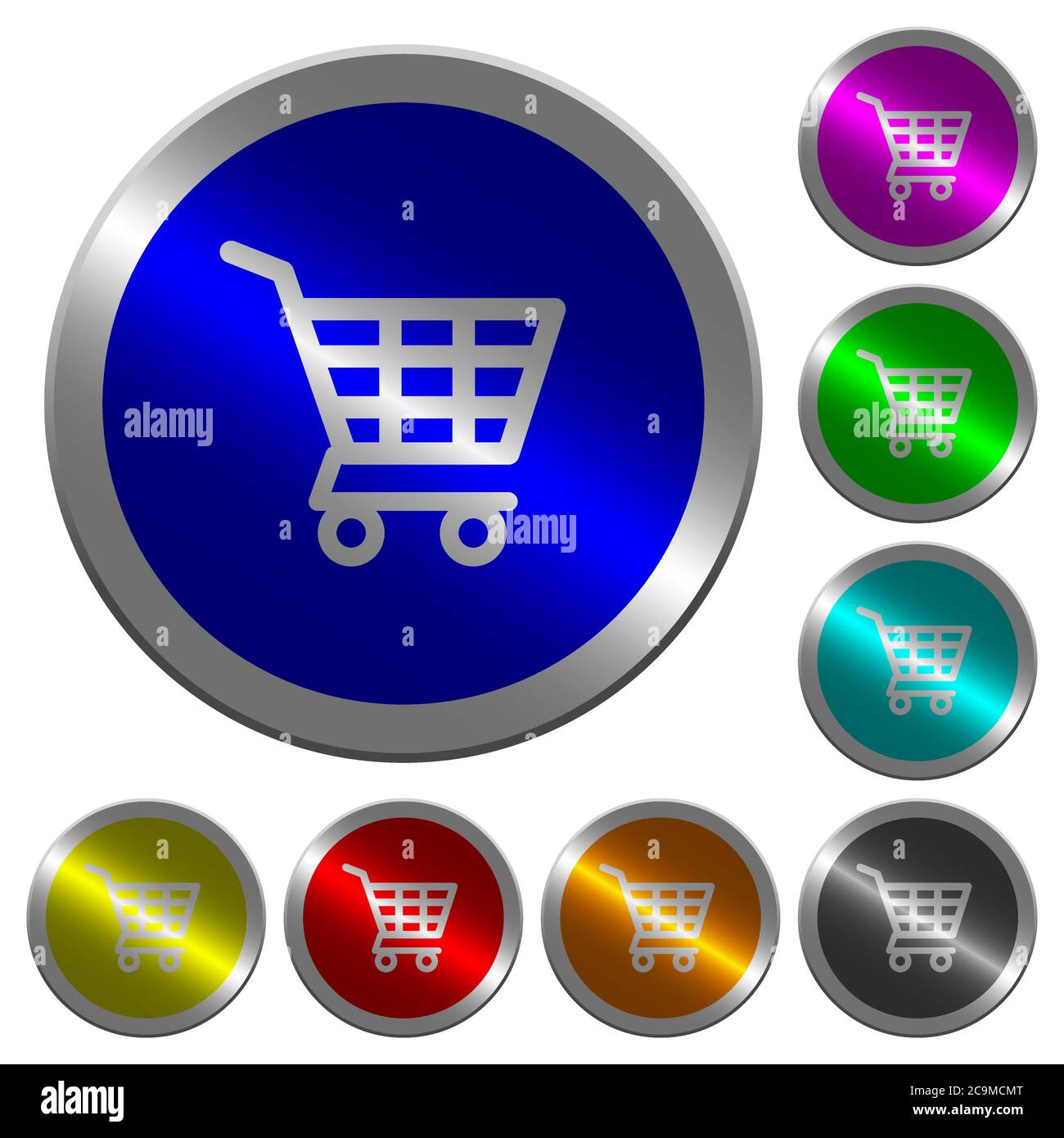 Shopping cart icons on round luminous coin-like color steel buttons ...