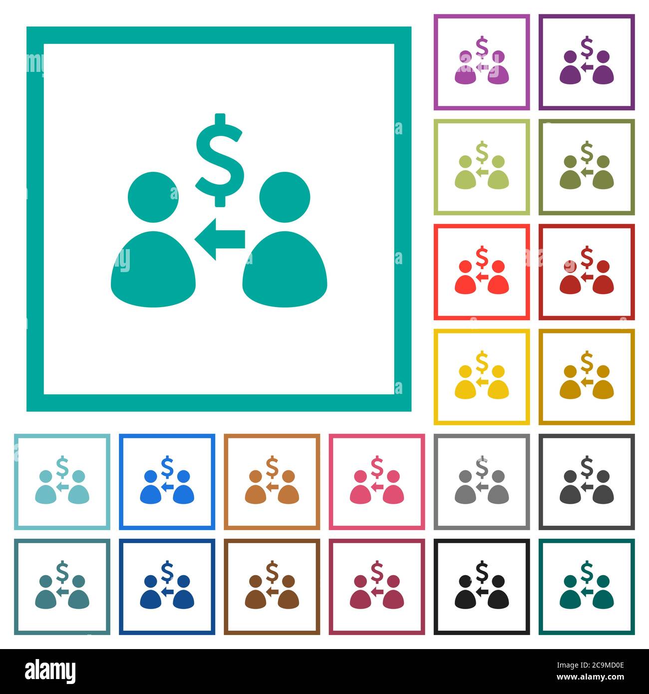 Receive Dollars flat color icons with quadrant frames on white ...