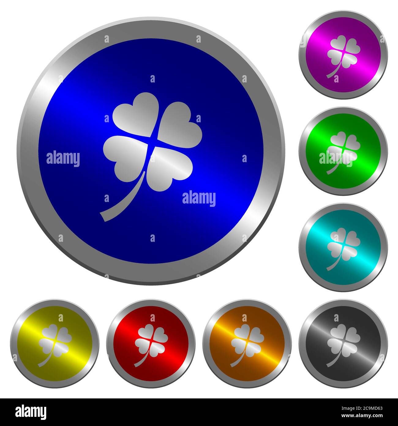 Four leaf clover icons on round luminous coin-like color steel buttons ...