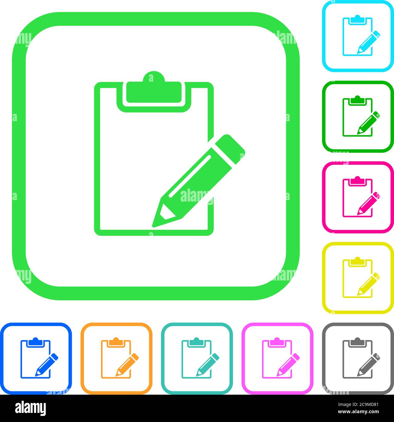 Blank notepad with pencil vivid colored flat icons in curved borders on ...