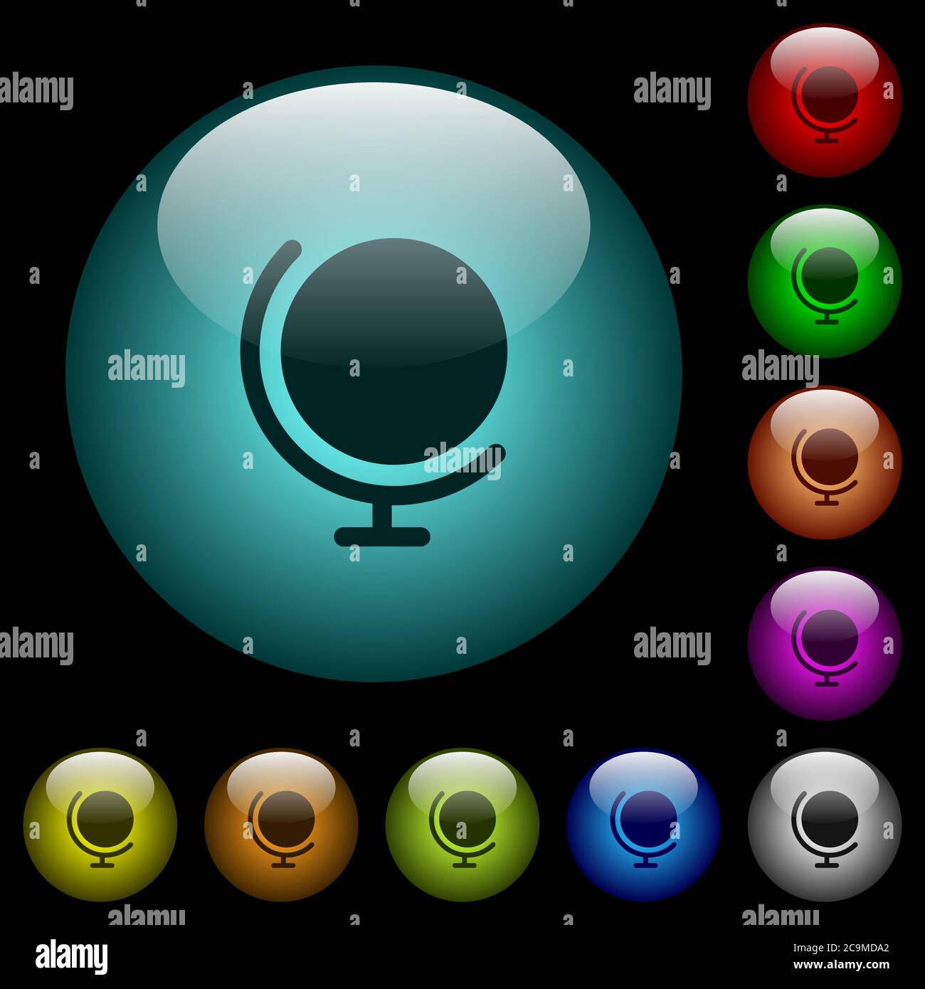 Globe with stand icons in color illuminated spherical glass buttons on ...