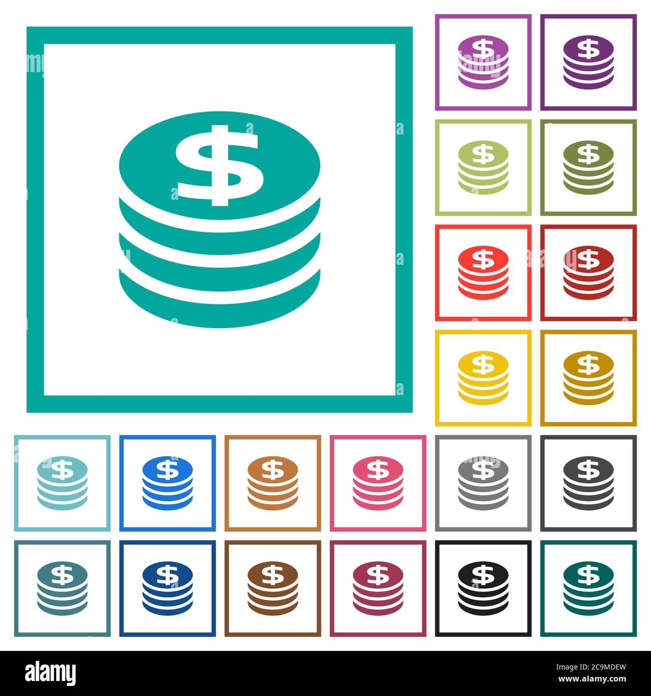 Dollar coins flat color icons with quadrant frames on white background ...