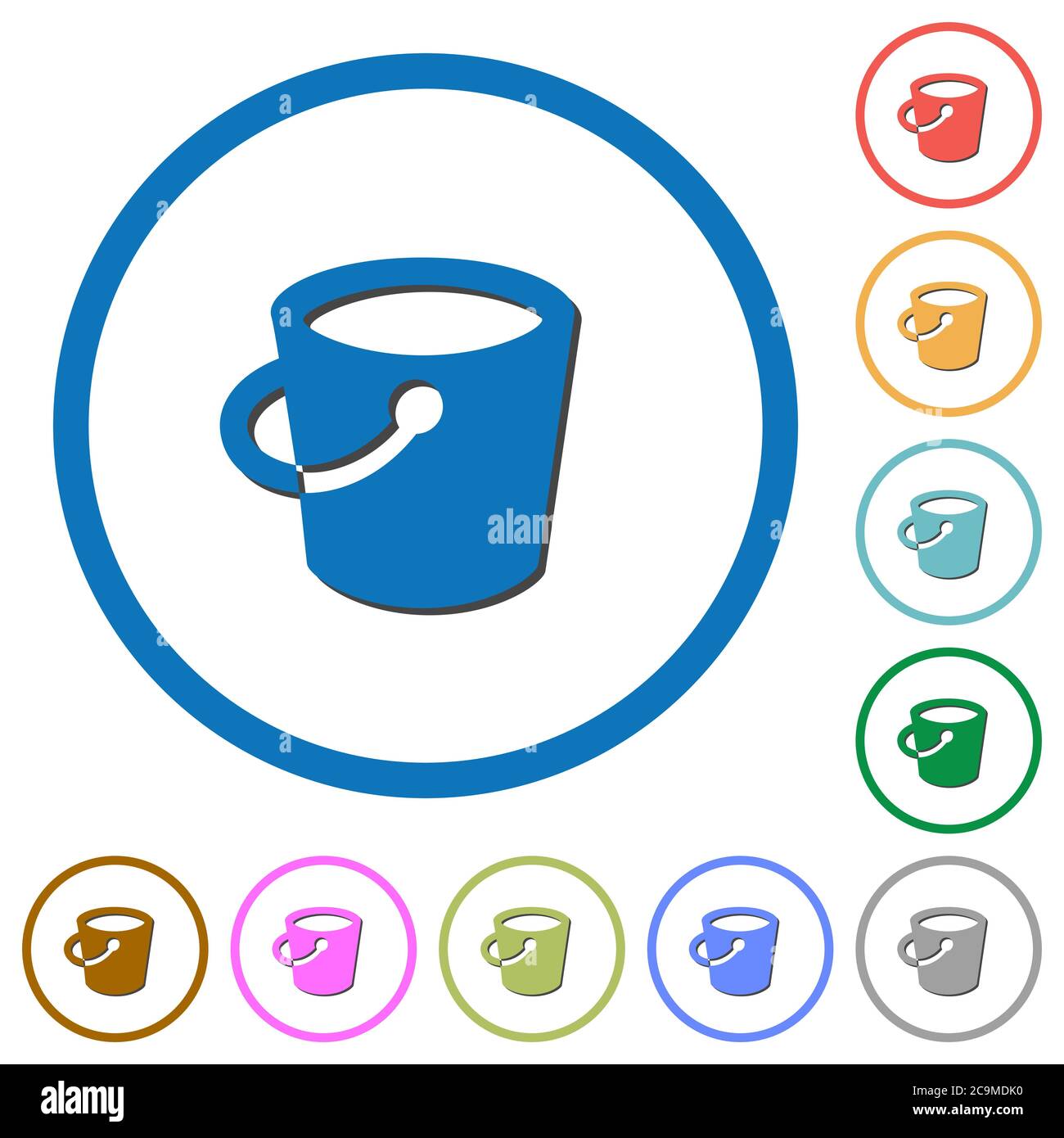 Bucket flat color vector icons with shadows in round outlines on white ...