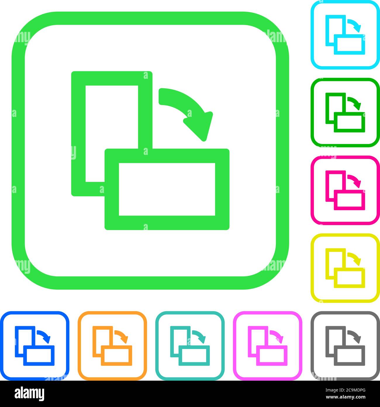 Rotate right vivid colored flat icons in curved borders on white ...