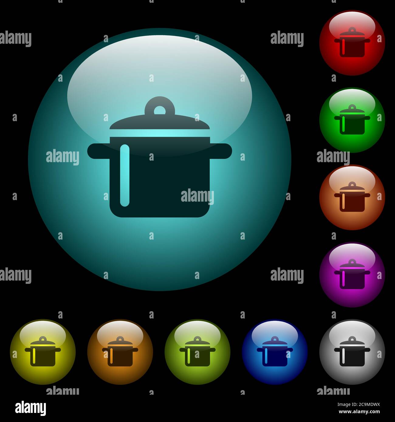 Cooking icons in color illuminated spherical glass buttons on black ...