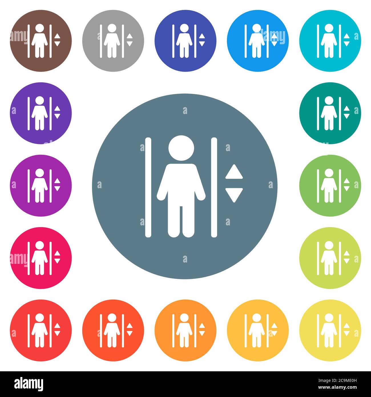 Elevator flat white icons on round color backgrounds. 17 background color variations are ...