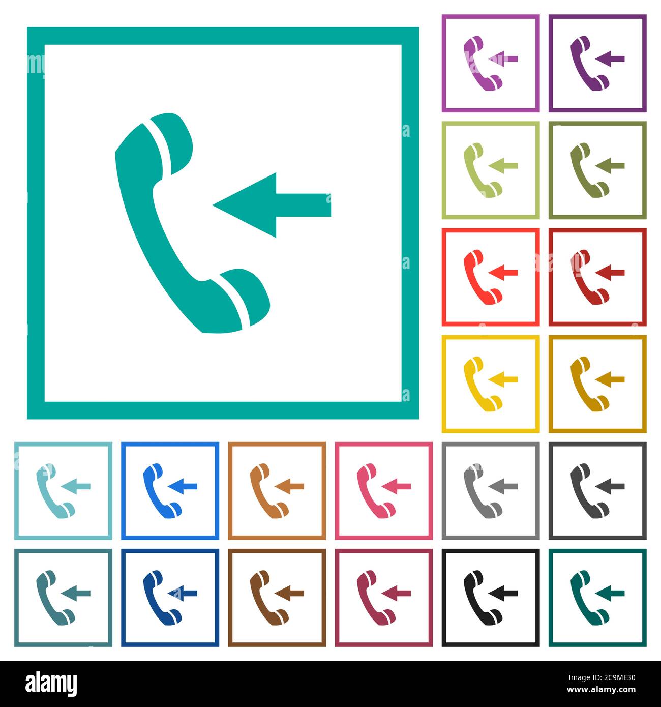 Incoming phone call flat color icons with quadrant frames on white ...