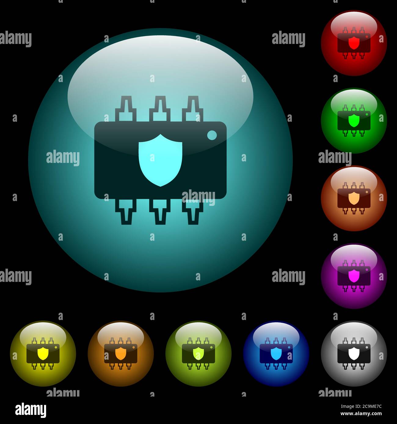 Hardware protection icons in color illuminated spherical glass buttons ...