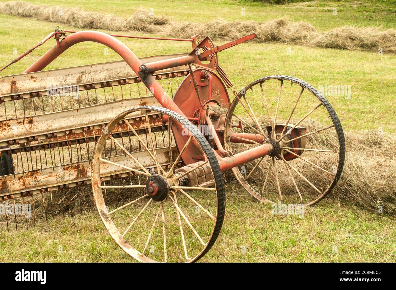 Collecting hay by vintage machines on mountain meadow in summertime ...