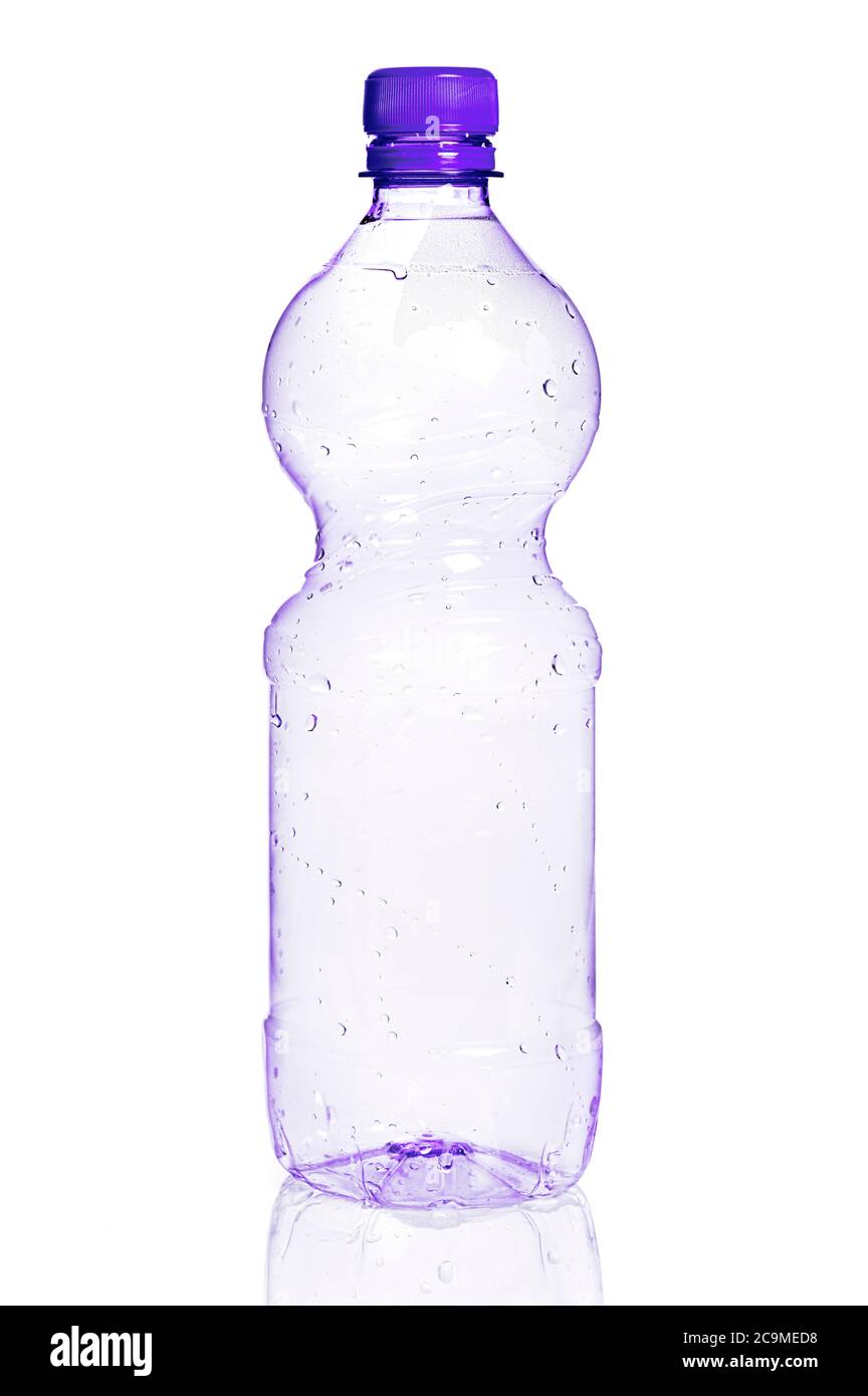 Empty purple plastic bottle isolated on white background, vertical ...
