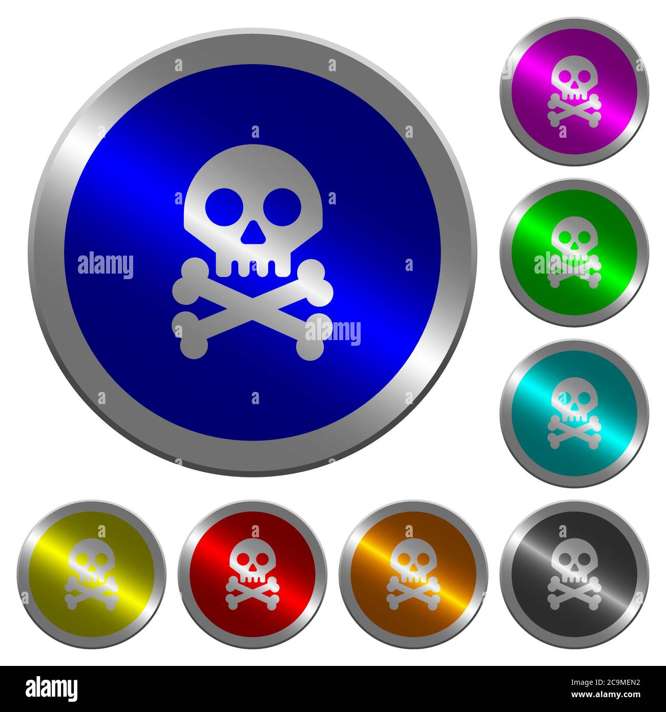 Skull with bones icons on round luminous coin-like color steel buttons ...