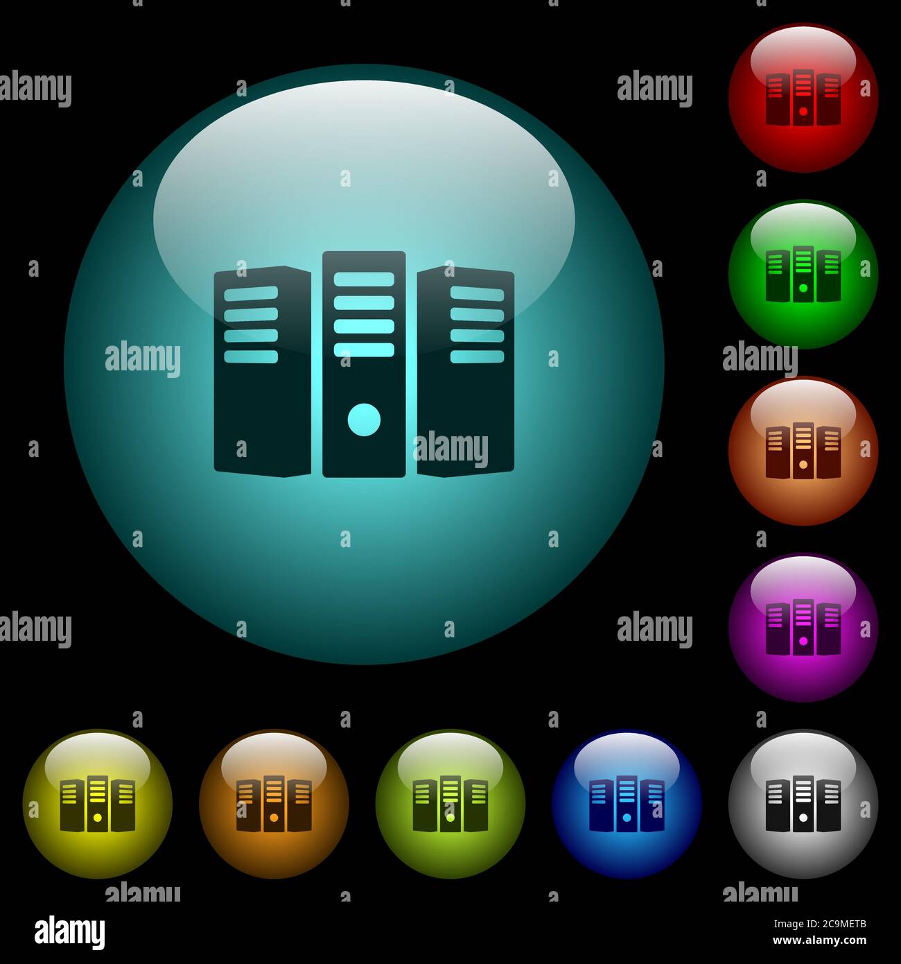 Server hosting icons in color illuminated spherical glass buttons on ...
